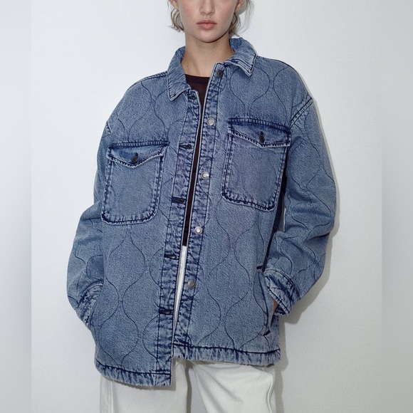 Zara | Jackets & Coats | Zara Padded Quilted Denim Jacket Medium | Poshmark